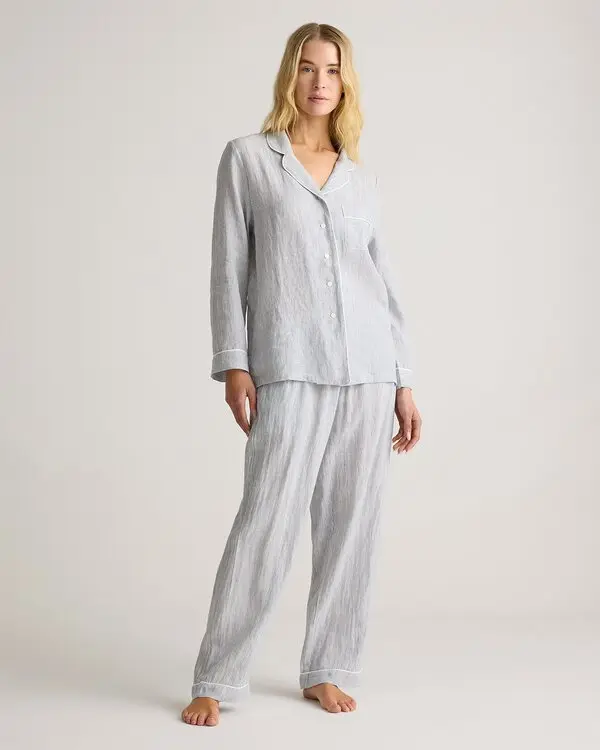 Quince 100% European Linen Long Sleeve Pajama Set With Piping - Blue Pinstripe