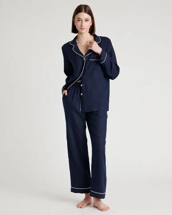Quince 100% European Linen Long Sleeve Pajama Set With Piping - Deep Navy