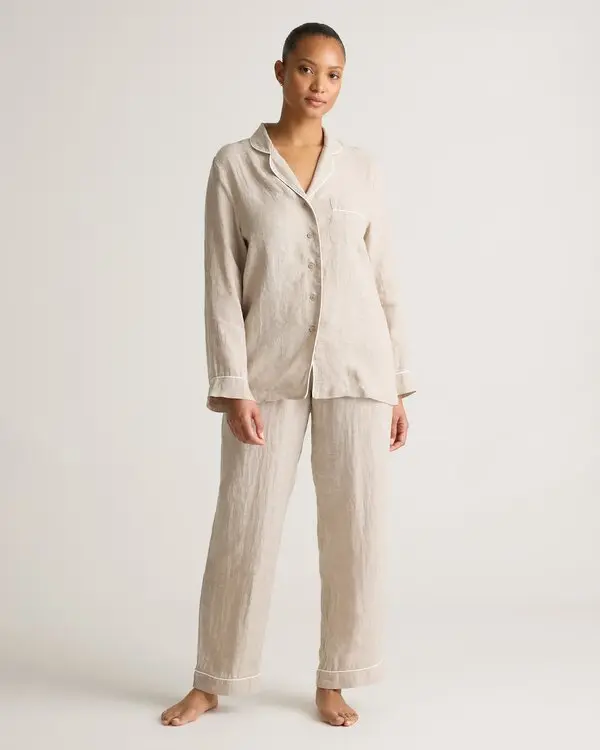 Quince 100% European Linen Long Sleeve Pajama Set With Piping - Flax
