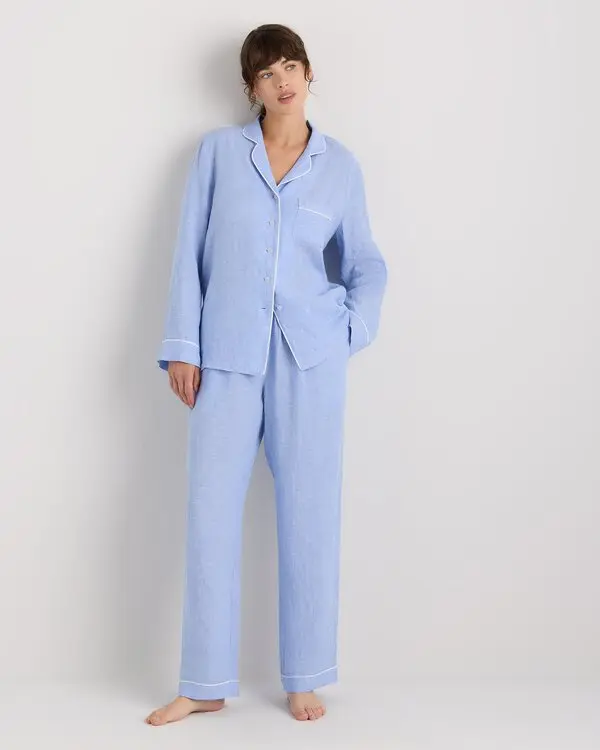 Quince 100% European Linen Long Sleeve Pajama Set With Piping - French Blue