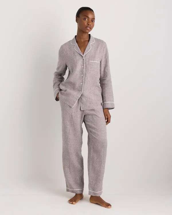 Quince 100% European Linen Long Sleeve Pajama Set With Piping - Taupe Brown Gingham