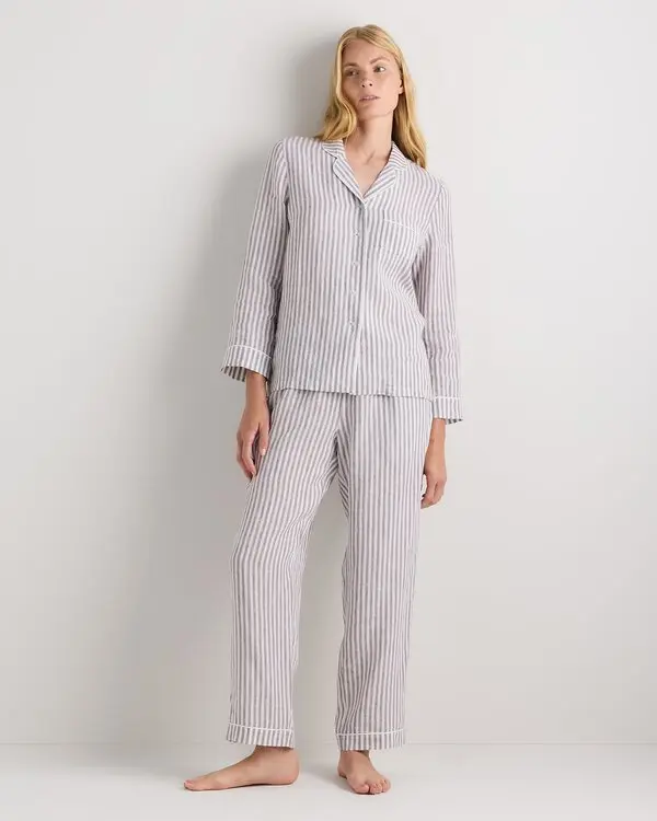 Quince 100% European Linen Long Sleeve Pajama Set With Piping - Taupe Brown Mariner Stripe