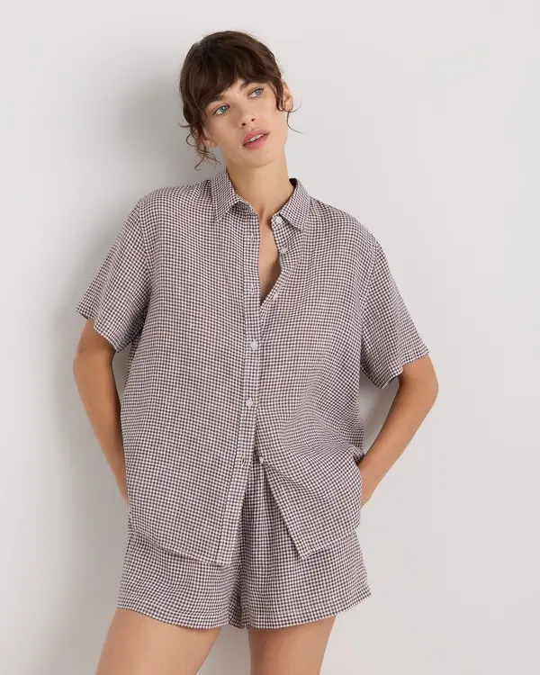 Quince 100% European Linen Shorts Pajama Set - Taupe Brown Gingham