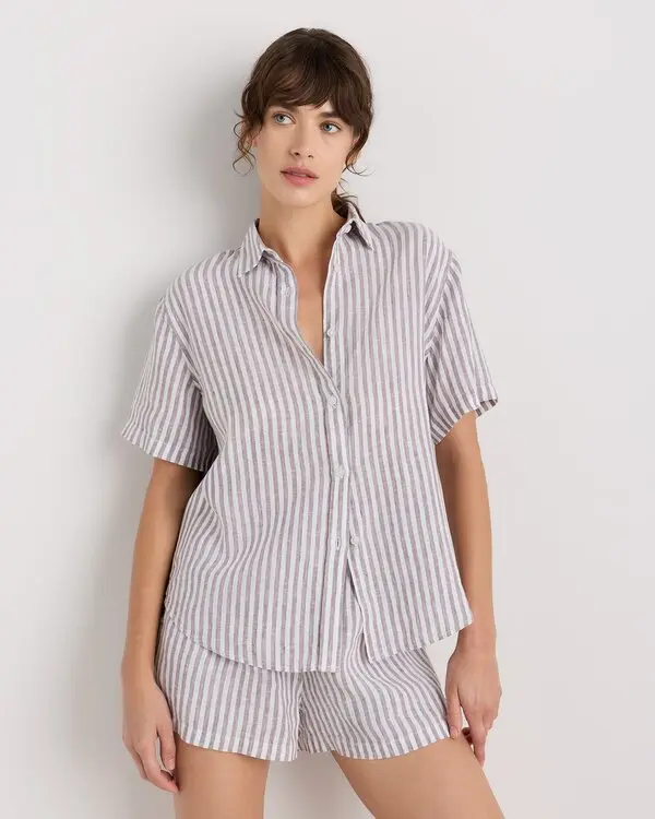 Quince 100% European Linen Shorts Pajama Set - Taupe Brown Mariner Stripe