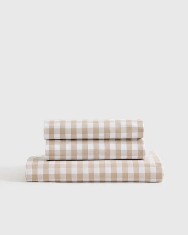Quince Classic Organic Percale Gingham Fitted Sheet Set - Cafe