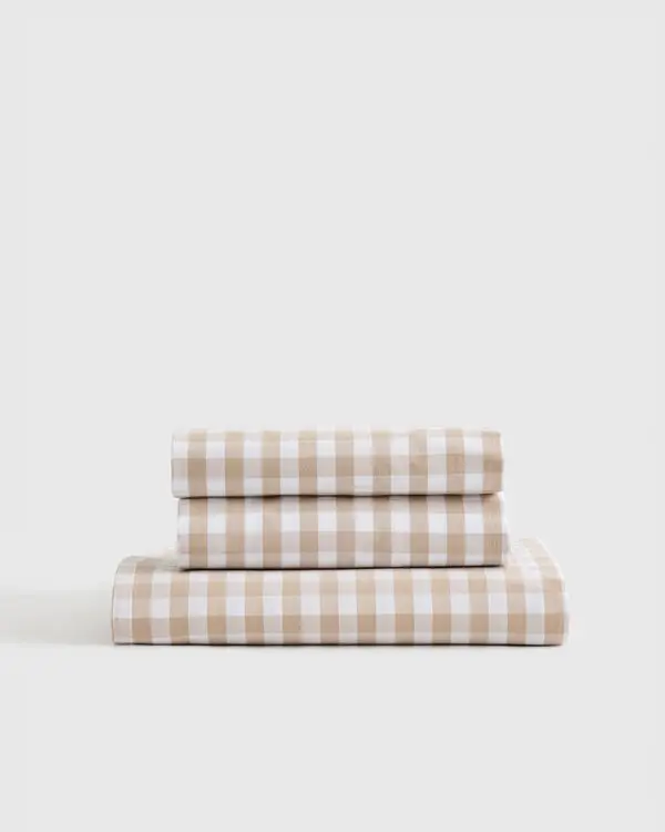 Quince Organic Crisp Percale Gingham Fitted Sheet Set - Cafe