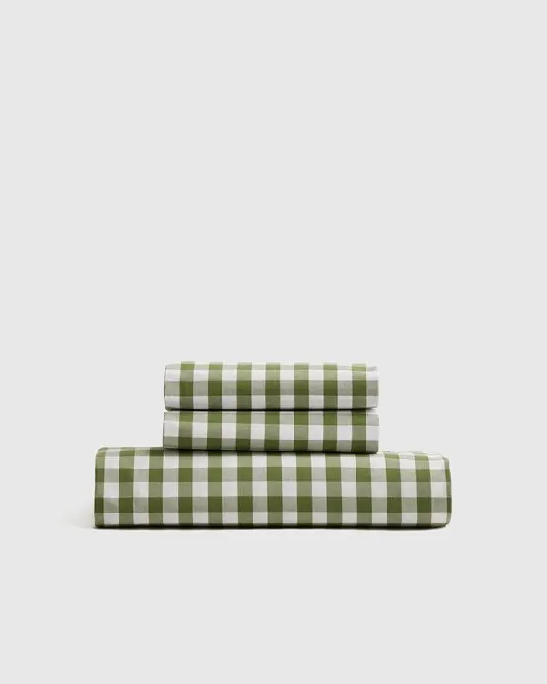Quince Classic Organic Percale Gingham Fitted Sheet Set - Olive