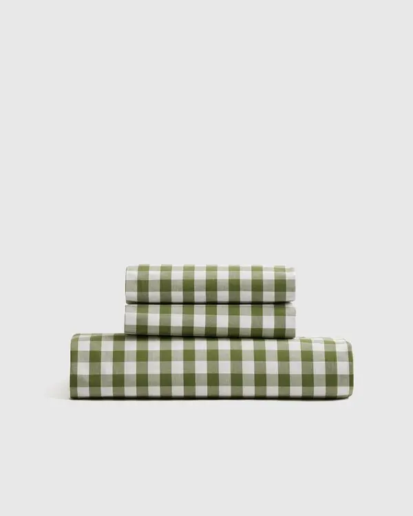 Quince Organic Crisp Percale Gingham Fitted Sheet Set - Olive