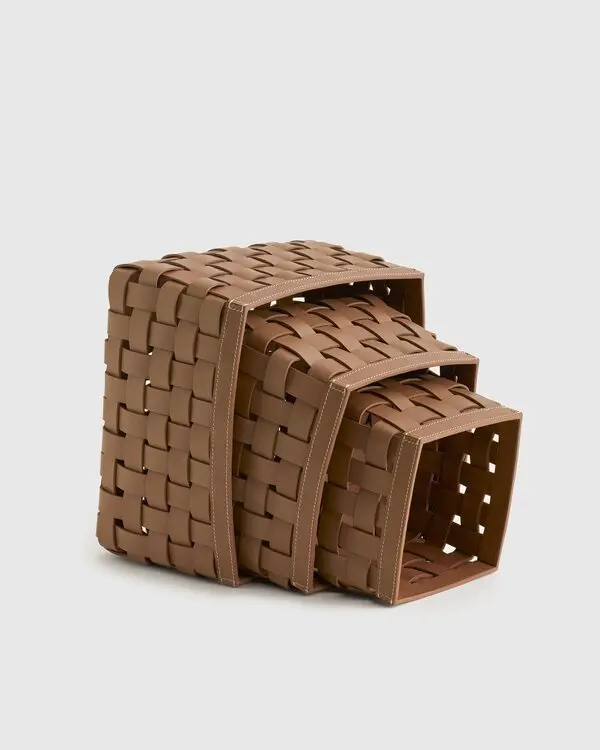 Quince Recycled Woven Leather Baskets - Cognac