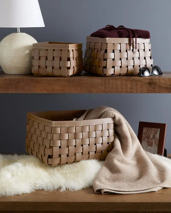 Quince Recycled Woven Leather Baskets - Cognac