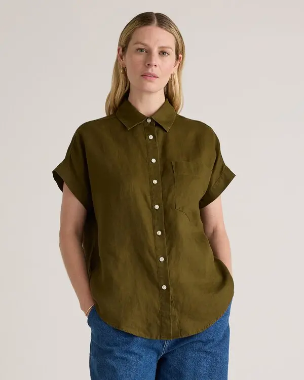 Quince 100% European Linen Camp Shirt - Martini Olive