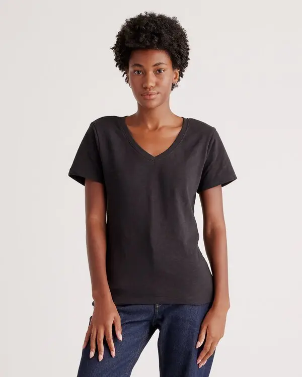 Quince Organic Cotton Slub V-neck T-shirt - Black