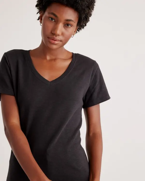Quince Organic Cotton Slub V-neck T-shirt - Black