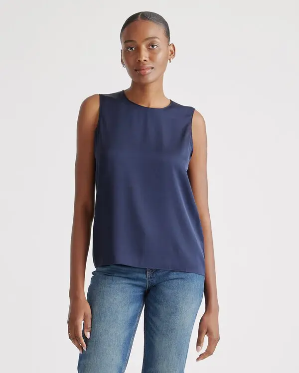 Quince Stretch Silk Shell Tank Top - Navy