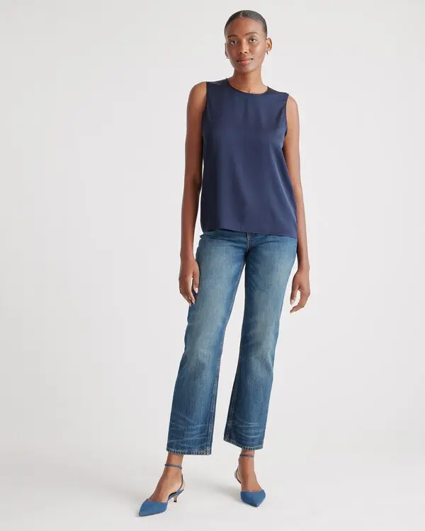 Quince Stretch Silk Shell Tank Top - Navy