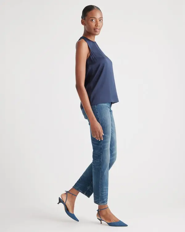 Quince Stretch Silk Shell Tank Top - Navy