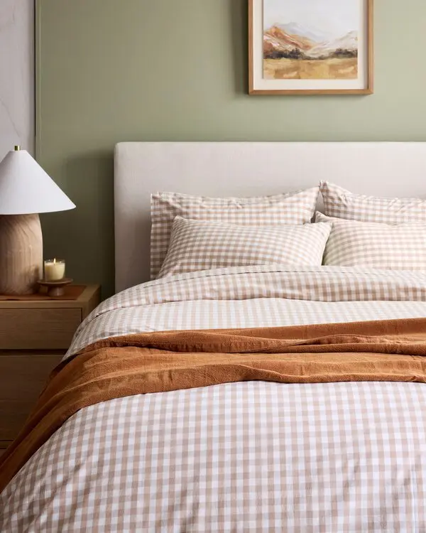 Quince Organic Crisp Percale Gingham Deluxe Bedding Bundle - Cafe