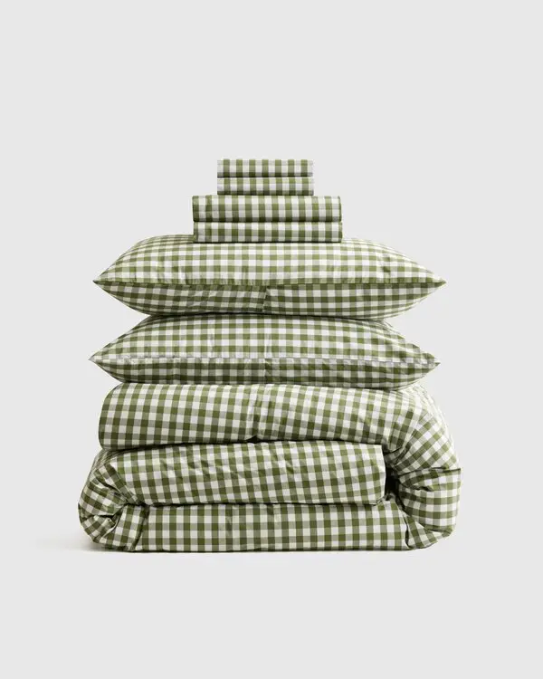 Quince Organic Crisp Percale Gingham Deluxe Bedding Bundle - Olive