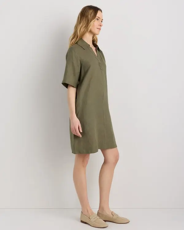 Quince 100% European Linen Popover Mini Dress - Bayberry Olive |  Editorialist