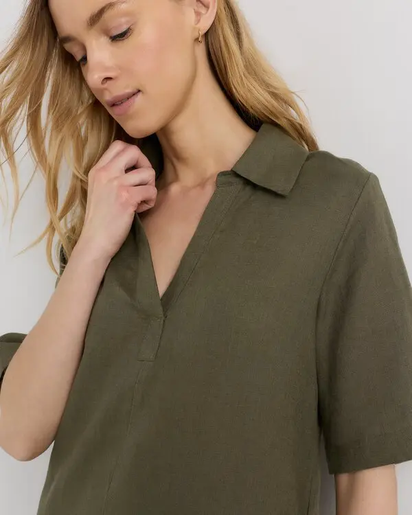 Quince 100% European Linen Popover Mini Dress - Bayberry Olive |  Editorialist