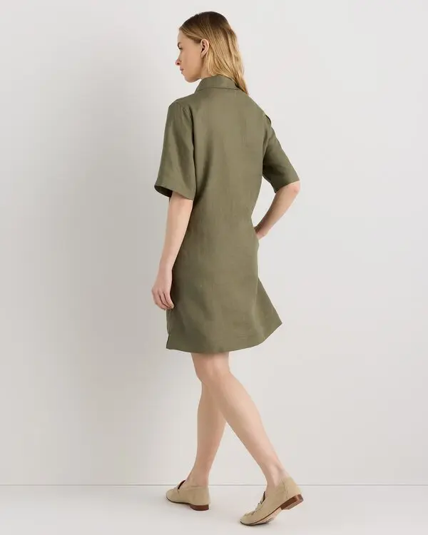Quince 100% European Linen Popover Mini Dress - Bayberry Olive |  Editorialist