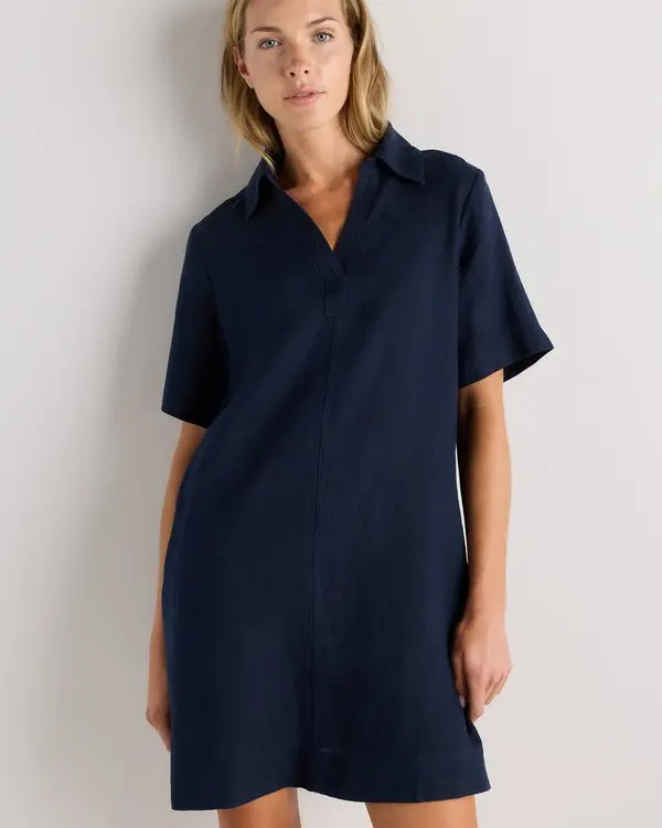 Quince 100% European Linen Popover Mini Dress - Deep Navy