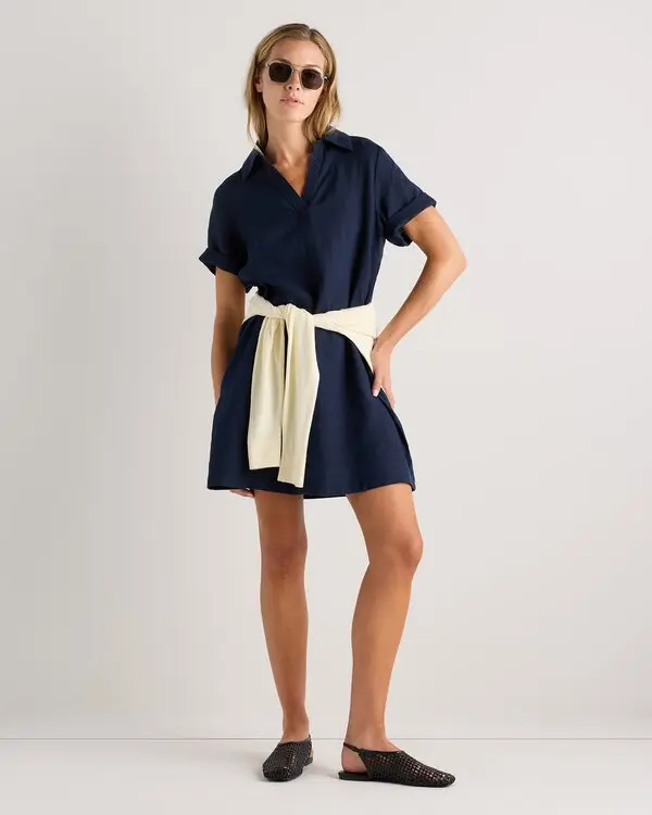 Quince 100% European Linen Popover Mini Dress - Deep Navy