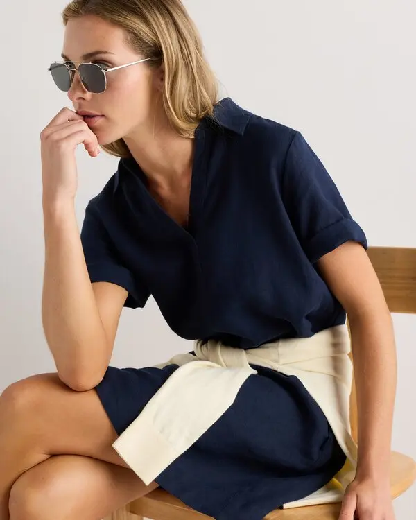 Quince 100% European Linen Popover Mini Dress - Deep Navy