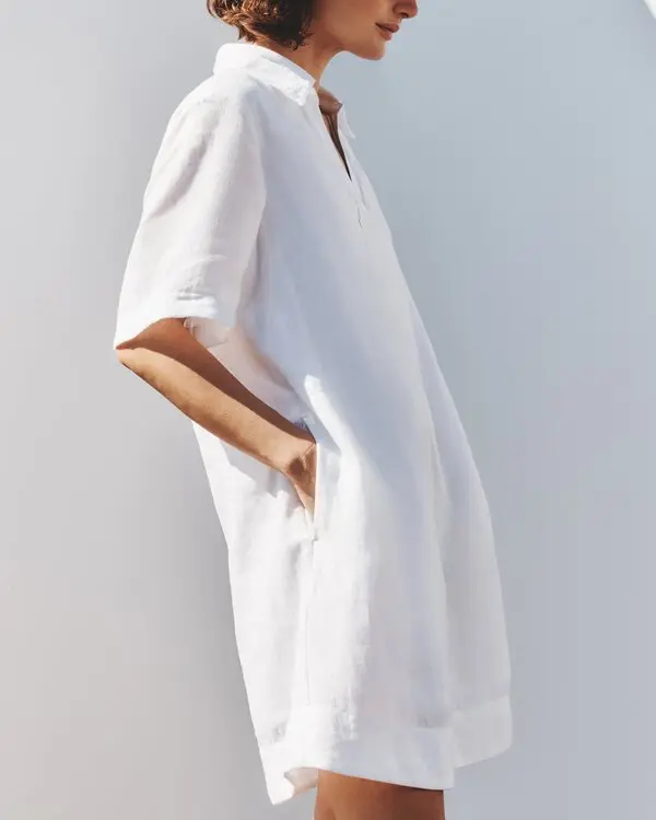 Quince 100% European Linen Popover Mini Dress - White