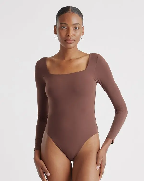 Quince Second Skin Square Neck Long Sleeve Bodysuit - Cocoa