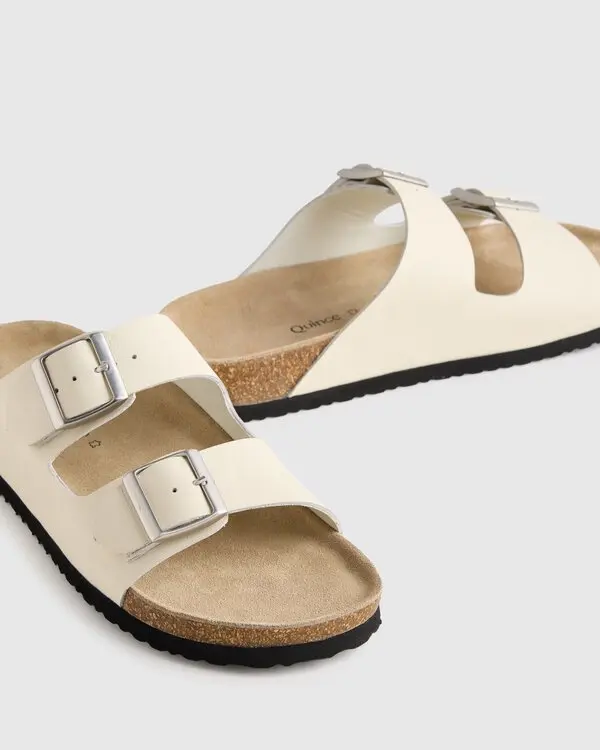 Quince Nappa Leather Double Buckle Slides - Bone