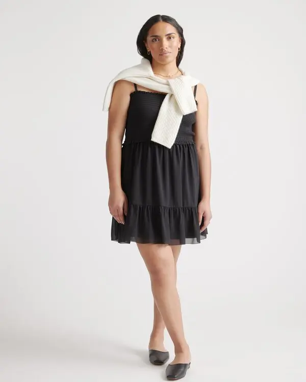 Quince Chiffon Smocked Sleeveless Mini Dress - Black