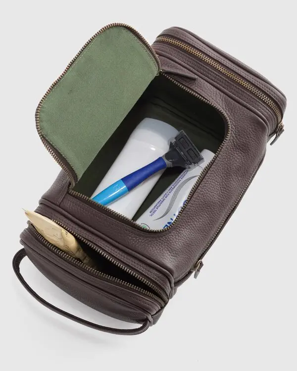 Quince Nappa Leather Toiletry Bag - Dark Brown