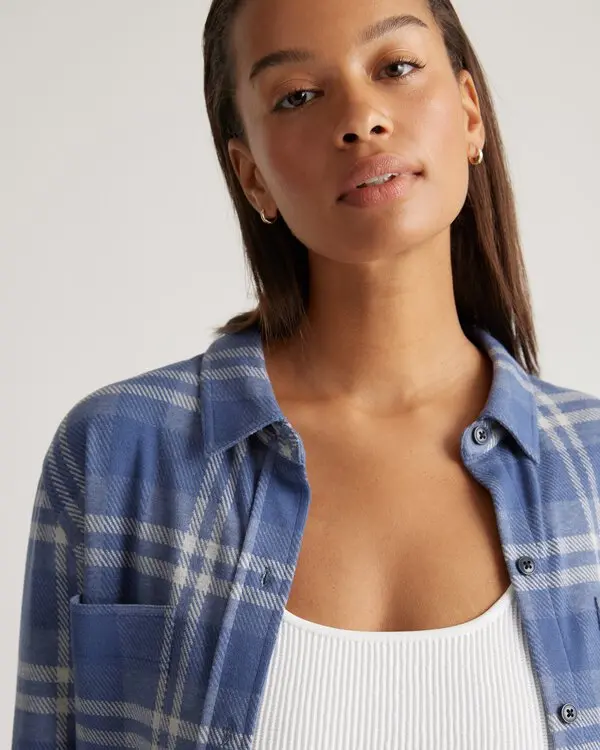 Quince Stretch Sweater Fleece Shirt - Indigo Check