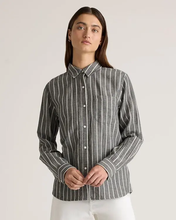 Quince Organic Cotton Gauze Long Sleeve Shirt - Faded Black / White Stripe