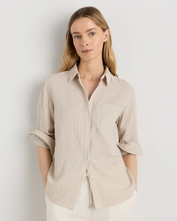 Quince Organic Cotton Gauze Long Sleeve Shirt - Khaki Gingham