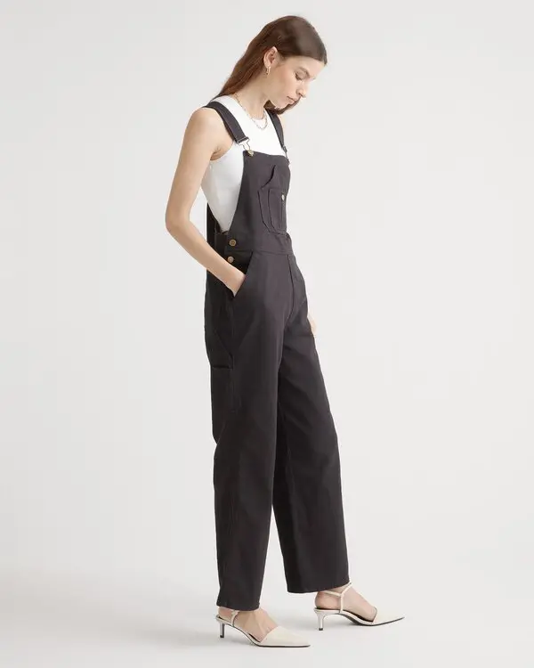 Quince Organic Stretch Cotton Twill Relaxed Overalls - Black
