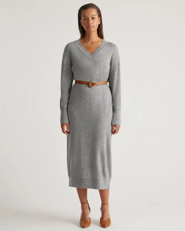 Quince Mongolian Cashmere V-neck Midi Sweater Dress - Heather Grey