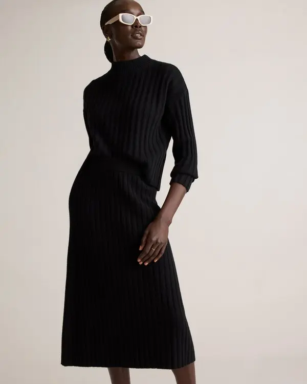 Quince Mongolian Cashmere Ribbed Midi Skirt - Black