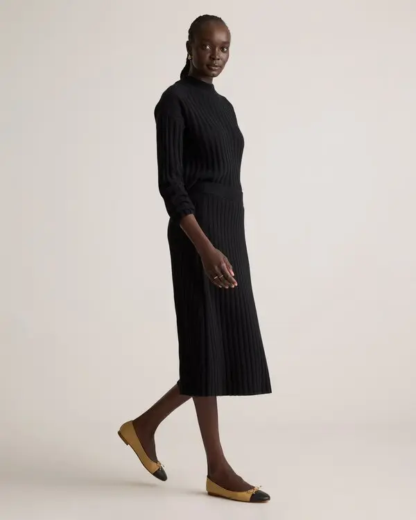 Quince Mongolian Cashmere Ribbed Midi Skirt - Black