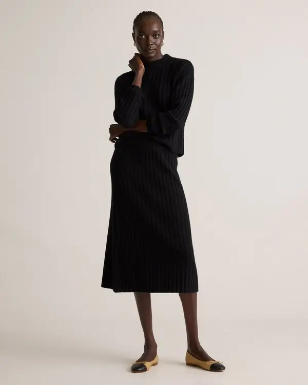 Quince Mongolian Cashmere Ribbed Midi Skirt - Black