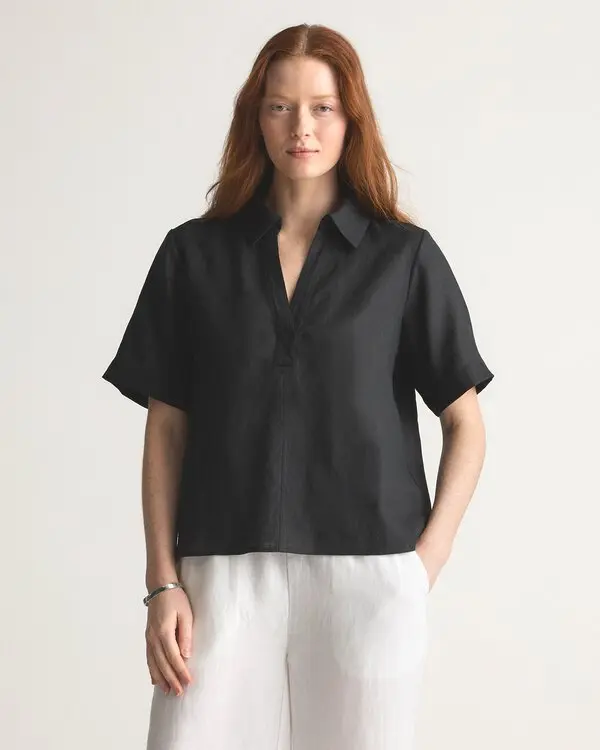 Quince 100% European Linen Short Sleeve Popover Top - Black