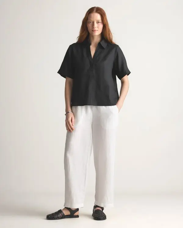 Quince 100% European Linen Short Sleeve Popover Top - Black