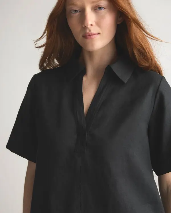 Quince 100% European Linen Short Sleeve Popover Top - Black