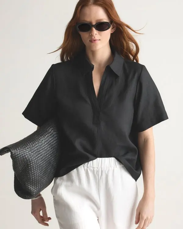 Quince 100% European Linen Short Sleeve Popover Top - Black