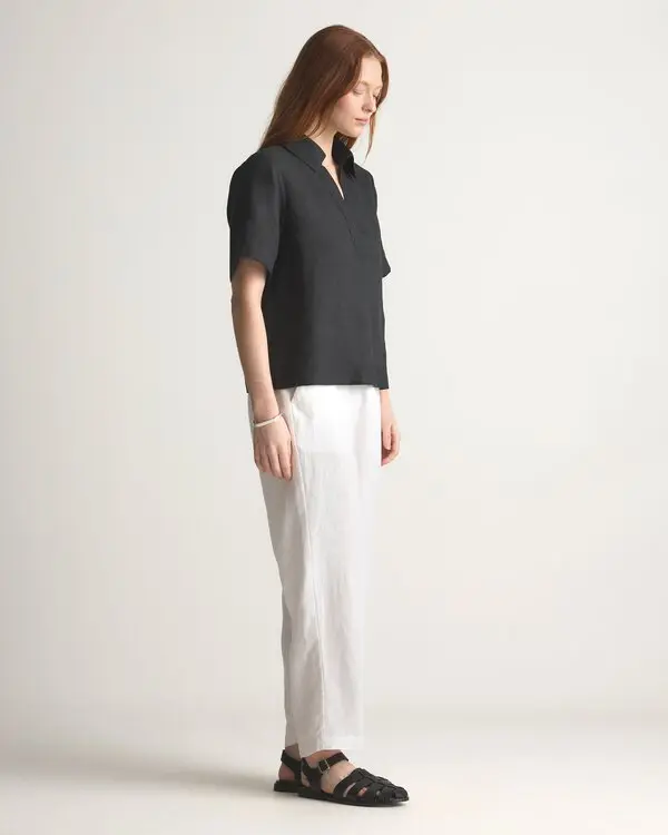 Quince 100% European Linen Short Sleeve Popover Top - Black
