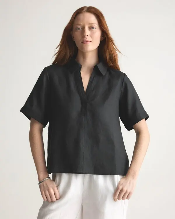 Quince 100% European Linen Short Sleeve Popover Top - Black