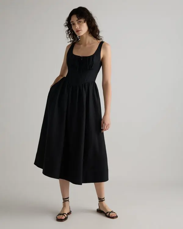 Quince 100% European Linen Corset Midi Dress - Black