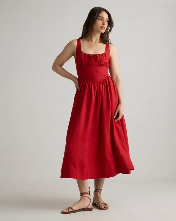 Quince 100% European Linen Corset Midi Dress With Gingham Checks - Chile