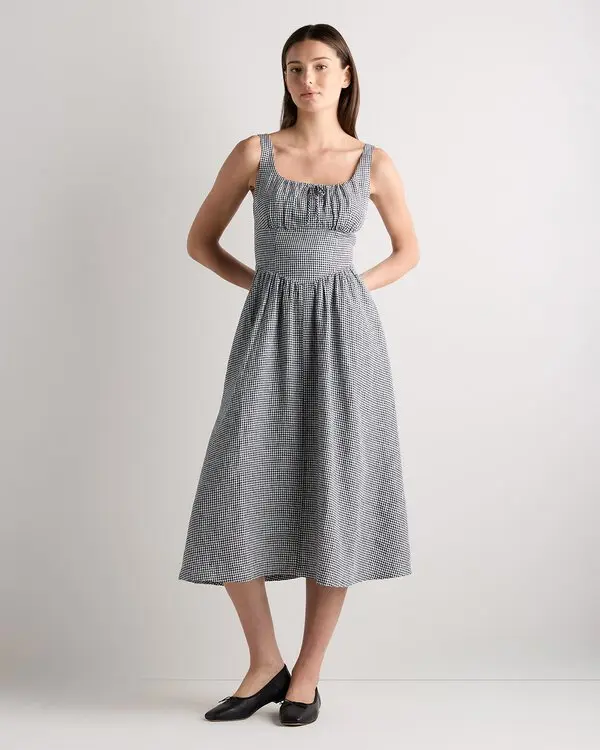 Quince 100% European Linen Corset Midi Dress With Gingham Checks - Classic Mini Gingham
